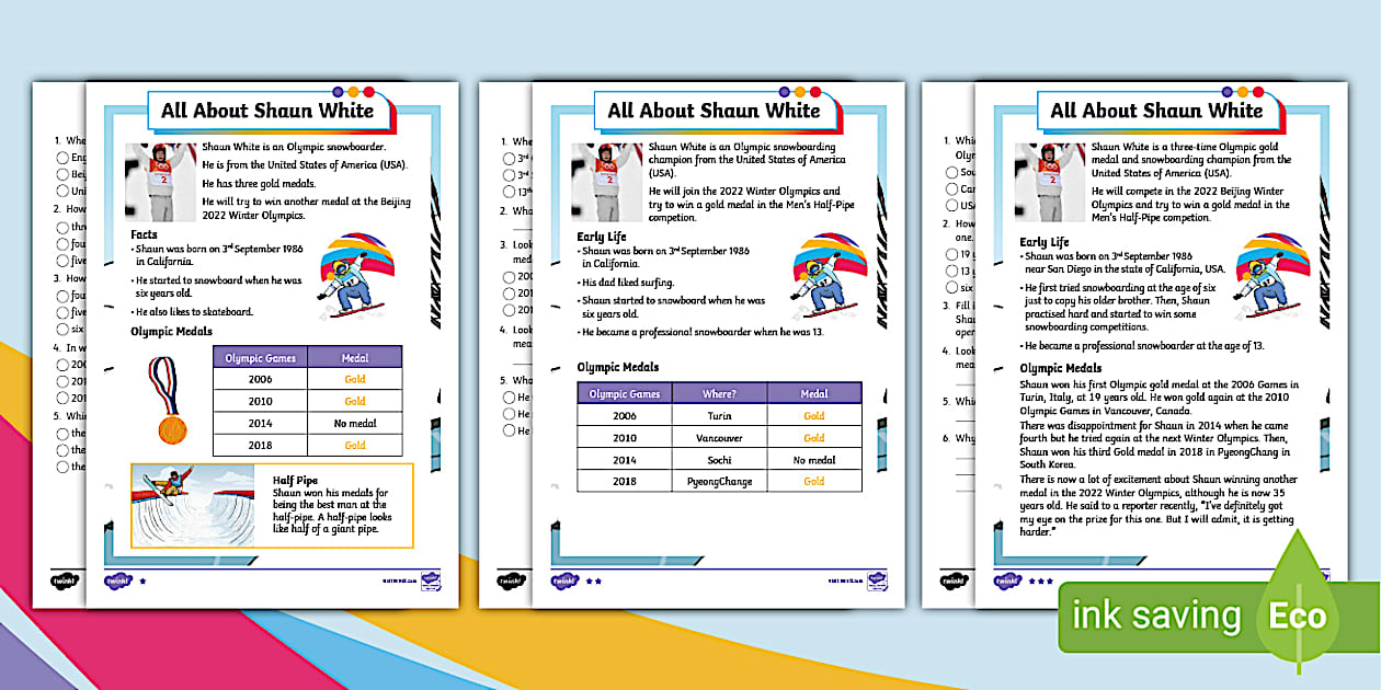 KS1 Shaun White Winter Olympic Athlete Differentiated Reading Comprehension