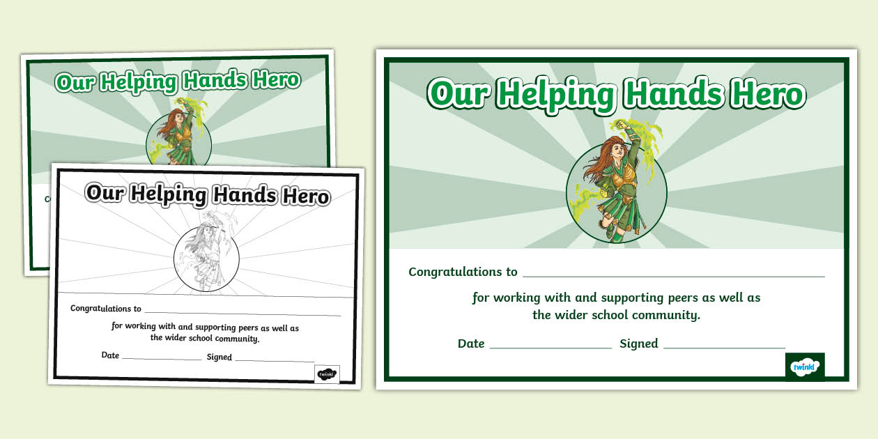 Our Helping Hands Hero Certificate (teacher made) - Twinkl