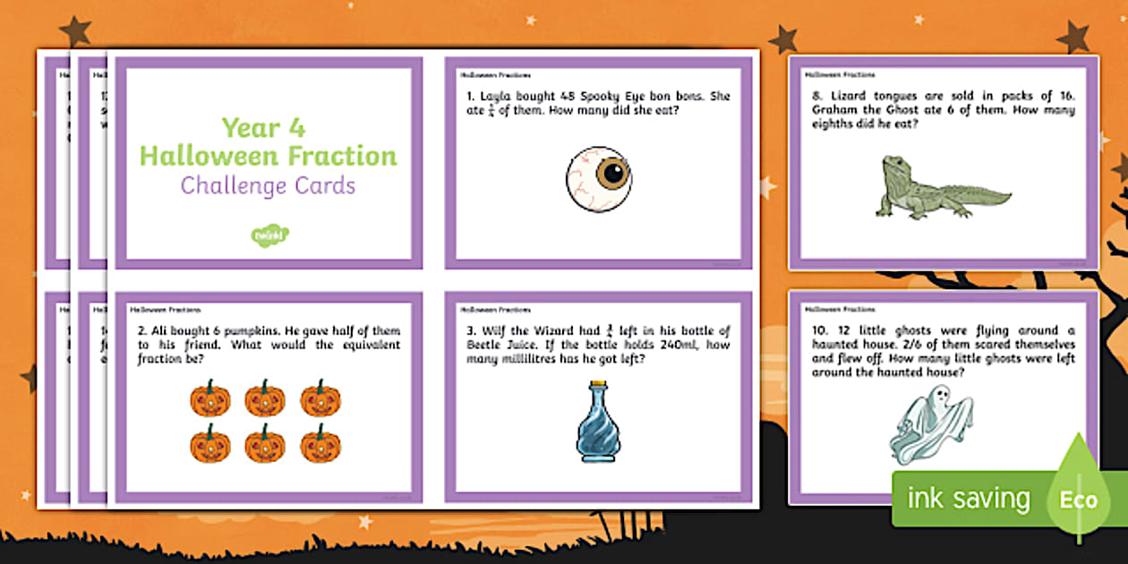 Year 4 Halloween Fractions Challenge Cards (teacher made)