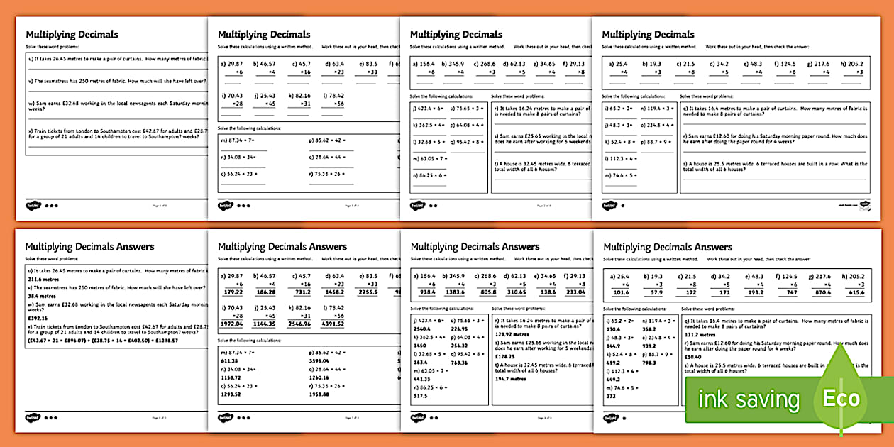 KS2 Multiplying Decimals Worksheet (teacher made) - Twinkl