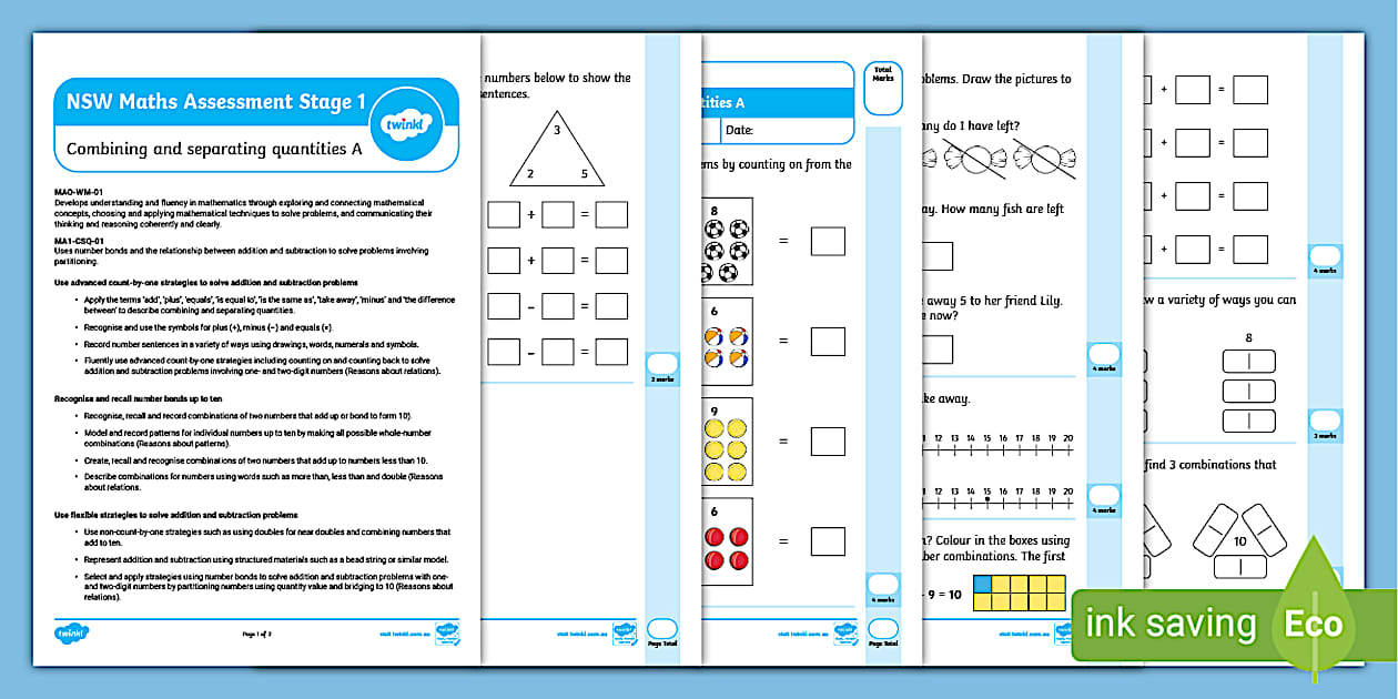 Maths Assessment NSW Curriculum – Stage 1 Combining and separating ...