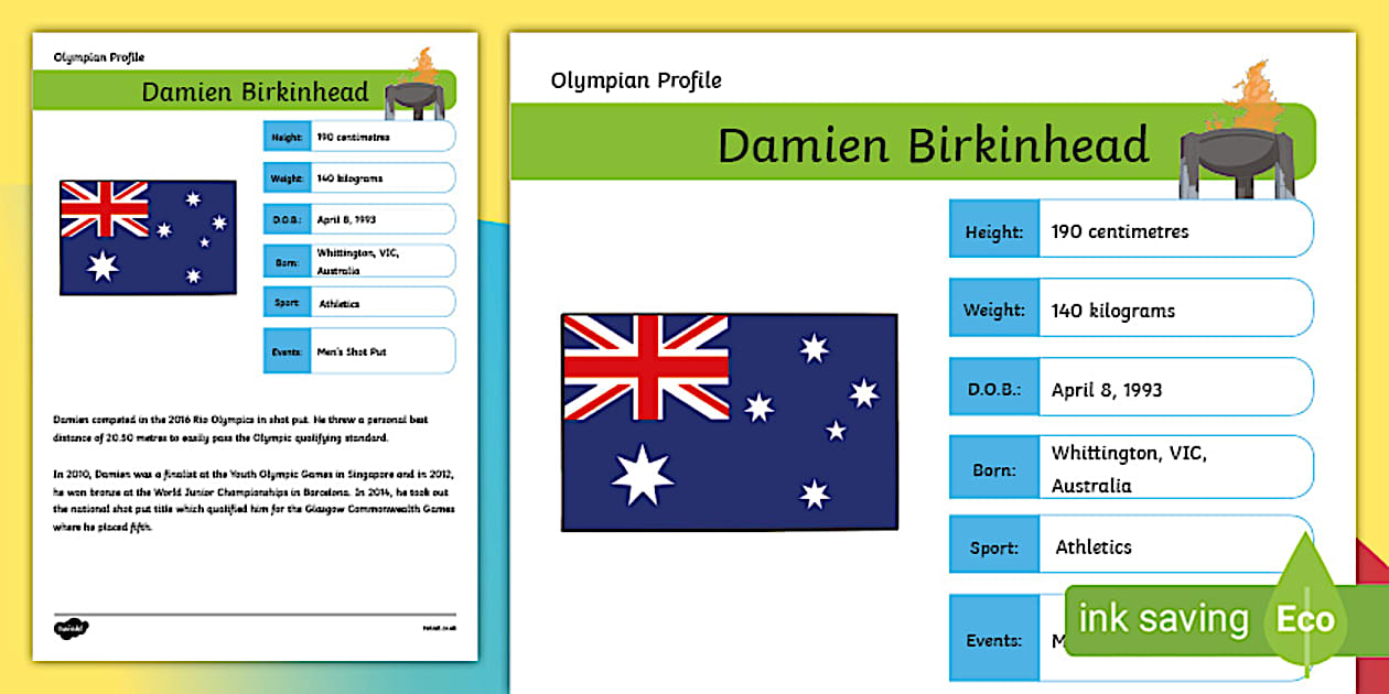 QLD Australian Olympian Damien Birkinhead Handwriting Practice Worksheet