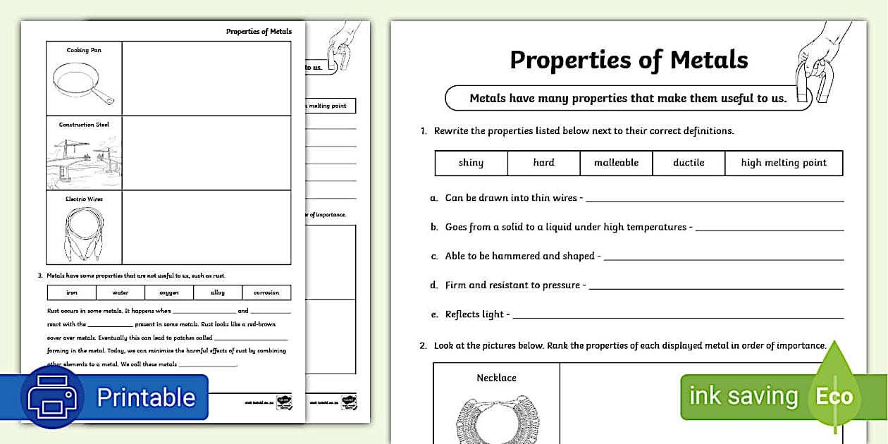 Properties of Metals Worksheet - Grade 5 - South Africa