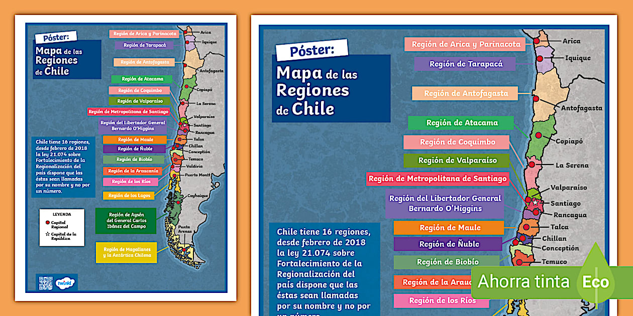 Póster: mapa de las regiones de Chile - Geografía - Twinkl