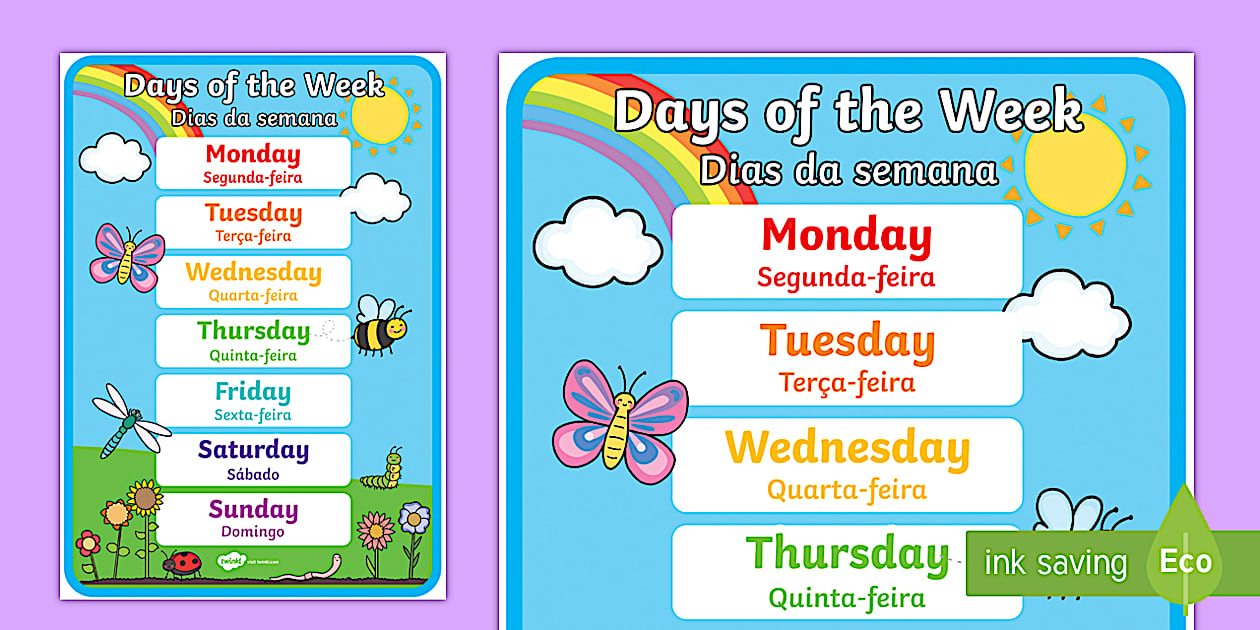 Days of the Week Display Poster English/Portuguese - Twinkl
