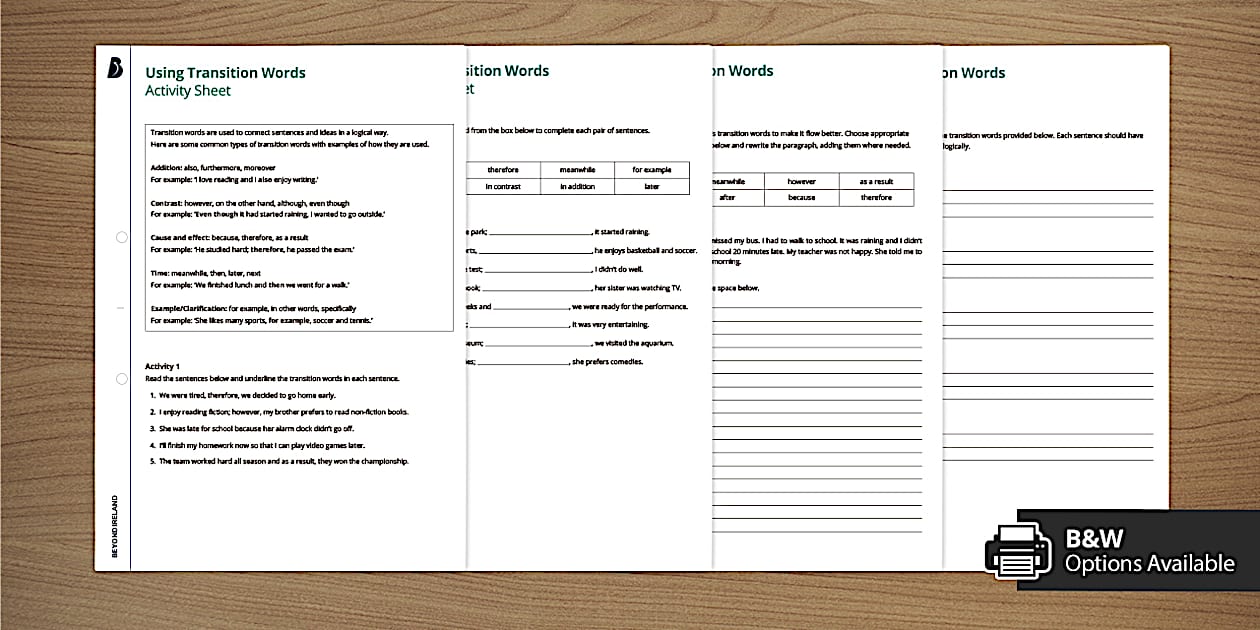 Using Transition Words Activity Sheet