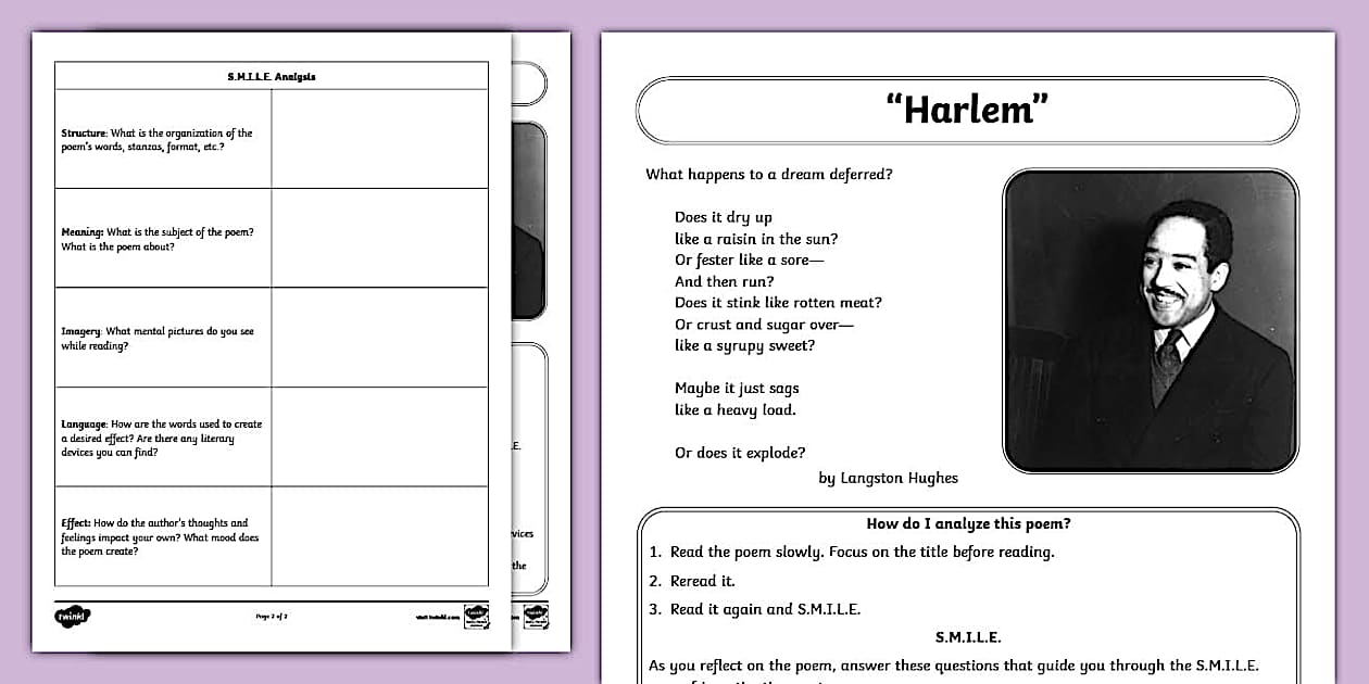 Seventh Grade Poetry Analysis Worksheet: Harlem by Langston Hughes