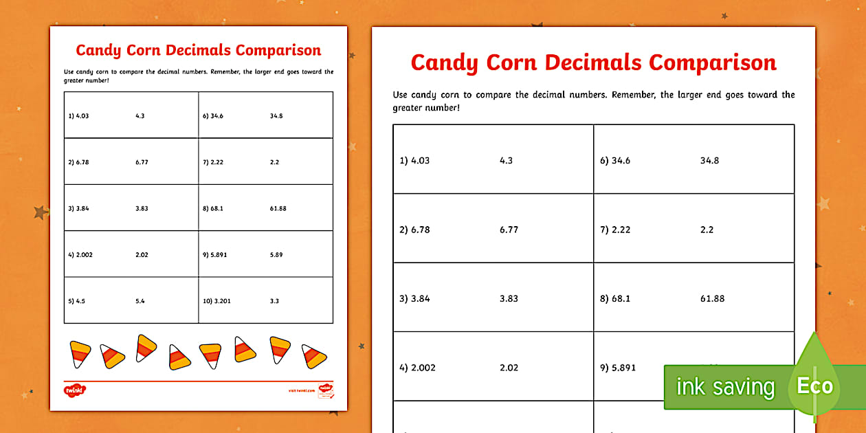 Candy Corn Decimals Comparison Worksheet for 3rd-5th Grade