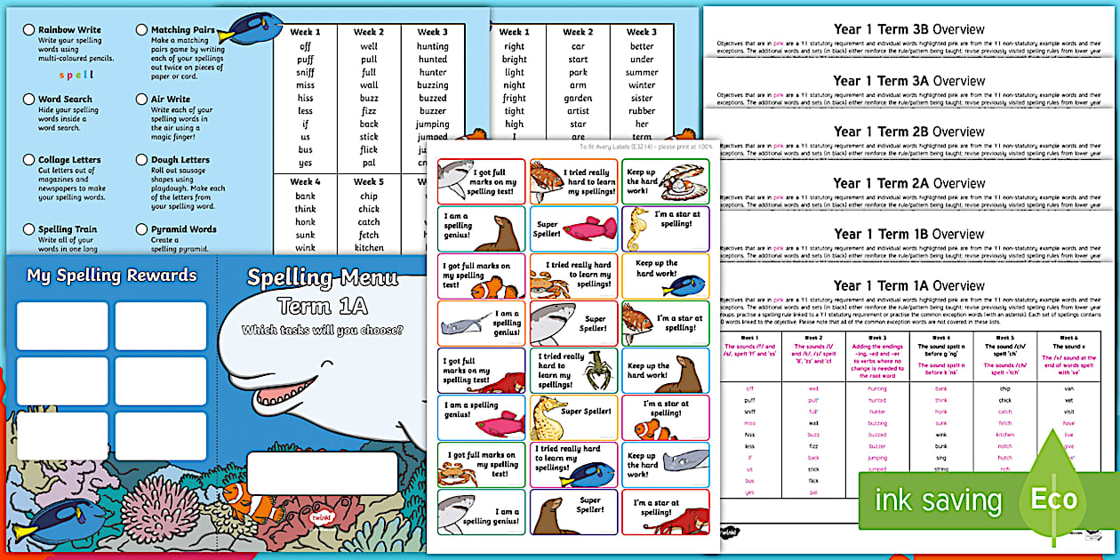 Editable Year 1 Under the Sea Themed Spelling Menu Pack