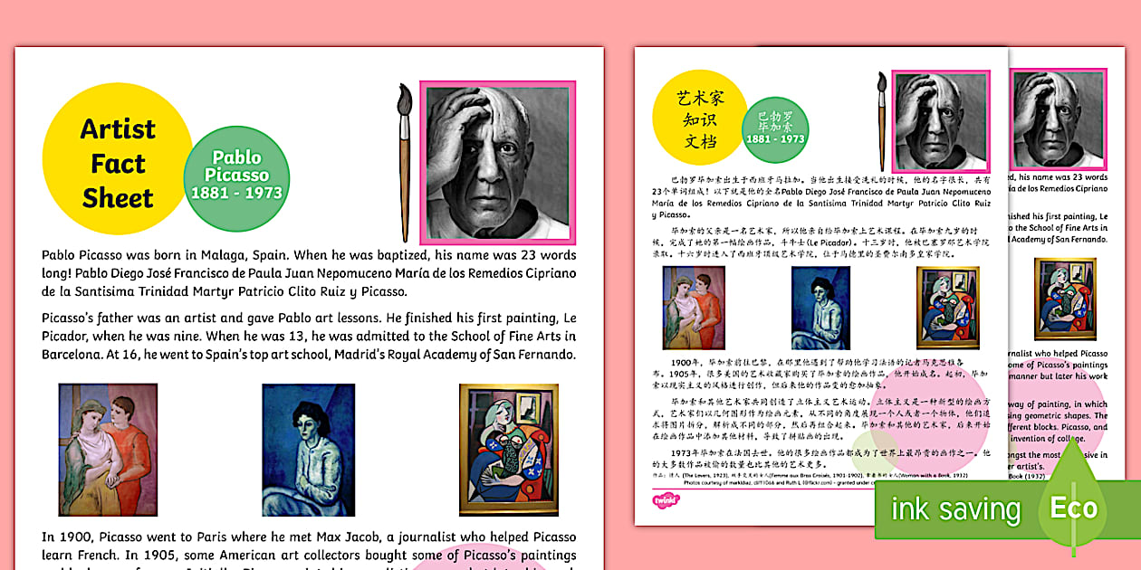 Artist Pablo Picasso Fact Sheet English/Mandarin Chinese