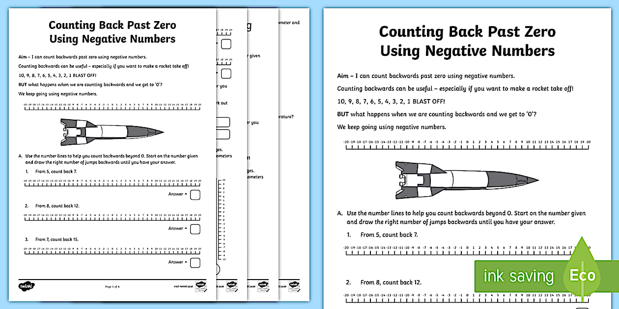 Counting Back Past Zero Using Negative Numbers Worksheet / Worksheet