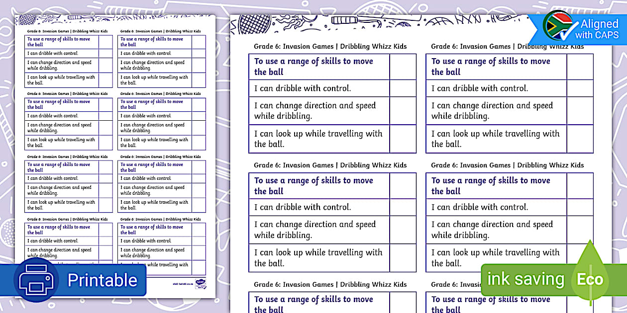 Grade 6 PE Invasion Games Dribbling Whizz Kids Success Grid