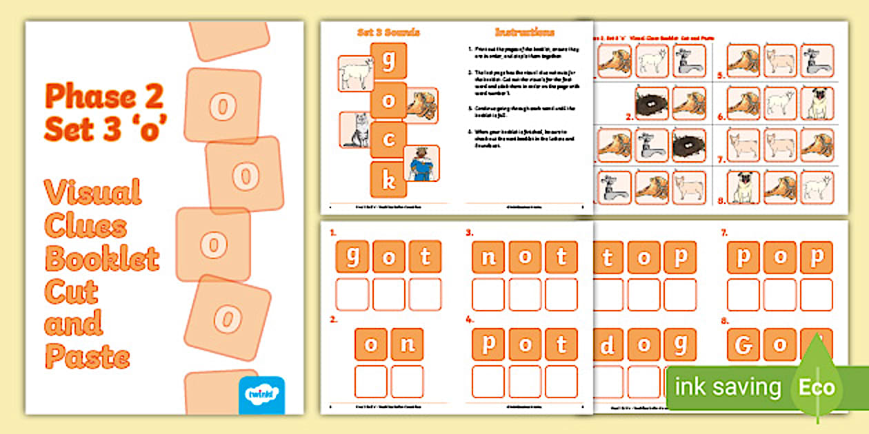 Phase 2, Set 3, 'o' Visual Cues Word Cut and Paste Booklet