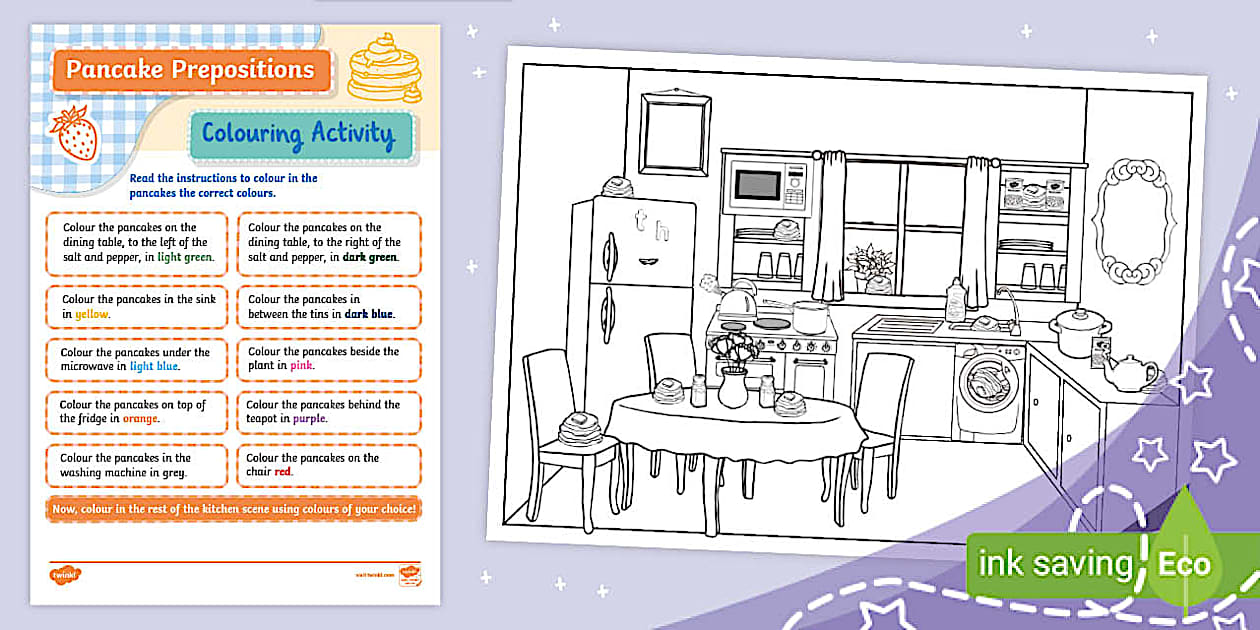 Pancake Prepositions Colouring Activity (Ages 5 - 7)