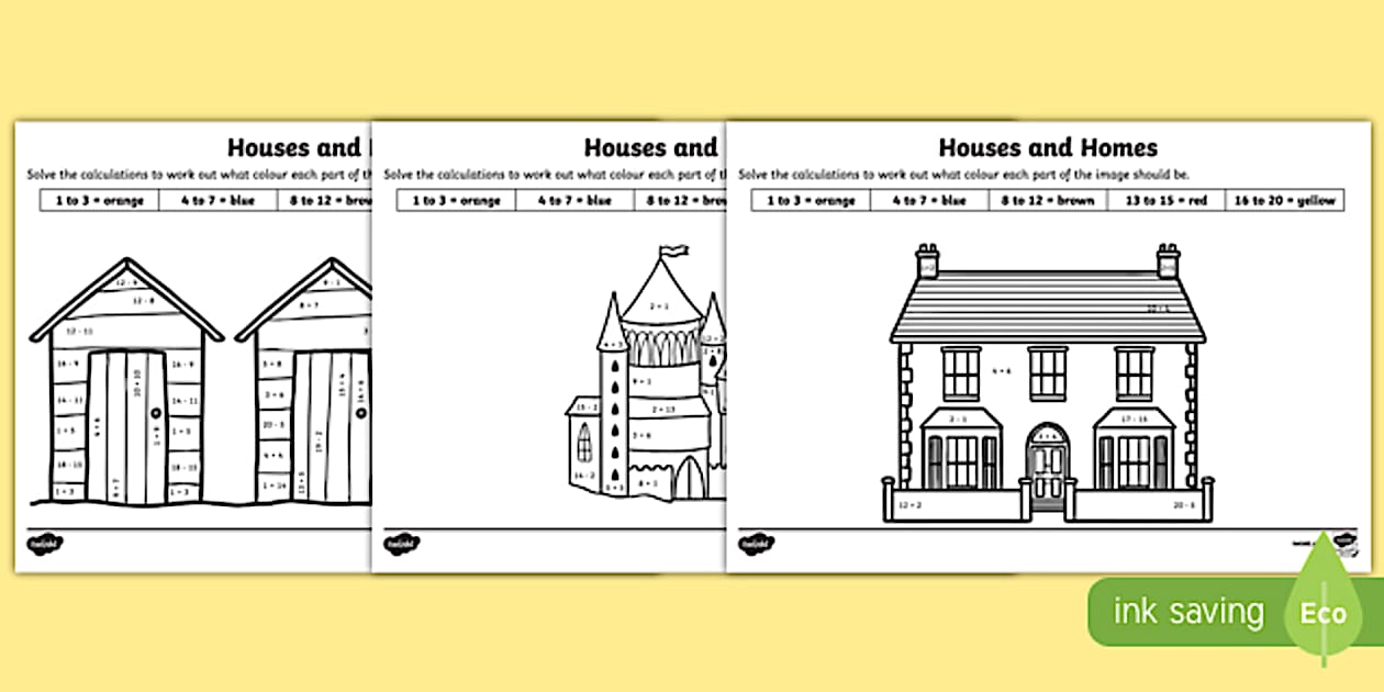 Houses and Homes Addition and Subtraction to 20 Colour by Number