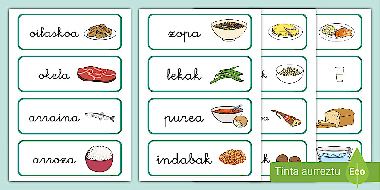 Hiztegi txartelak: Janaria - Euskera (teacher made) - Twinkl