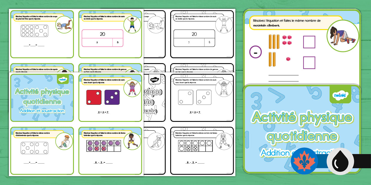 Daily Physical Activity Addition and Subtraction Challenge Cards French