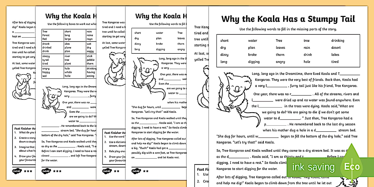 NSW Why the Koala Has a Stumpy Tail Cloze Differentiated Worksheets