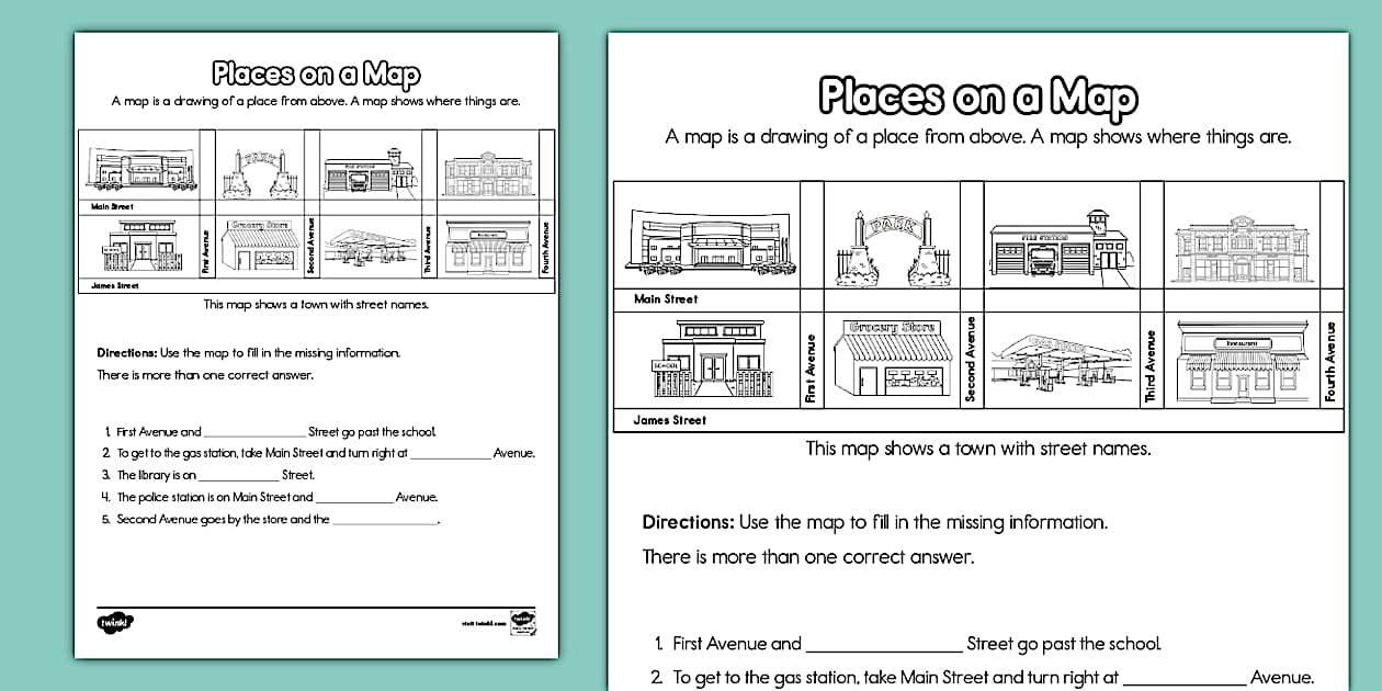 Second Grade Map Skills: Places on a Map Worksheet - Twinkl