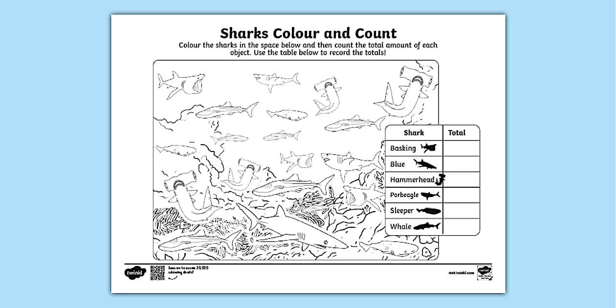 👉 Sharks Colour and Count Worksheet (teacher made)
