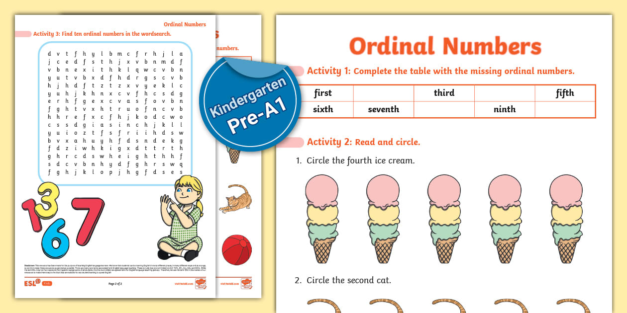 ESL Ordinal Numbers Activity Sheet for Kindergarten - Twinkl
