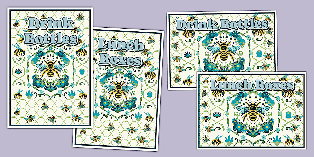 Bee-Themed Mealtime Lunch Box and Drink Bottle Signs