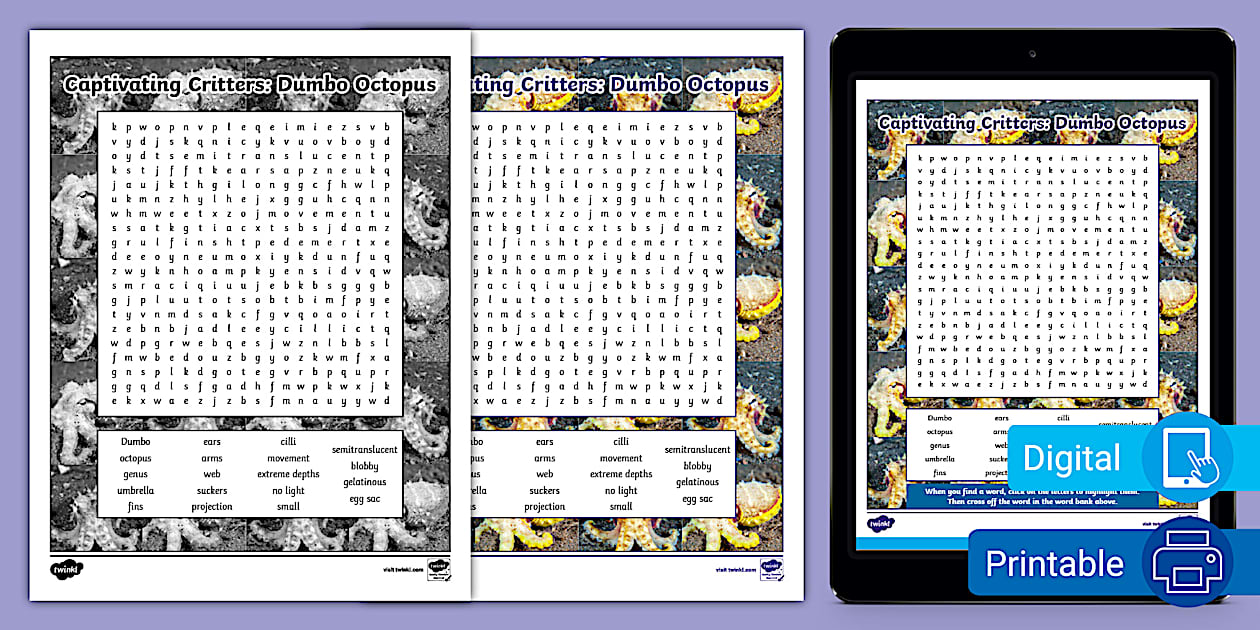 Eighth Grade Captivating Critters Dumbo Octopus Word Search Activity
