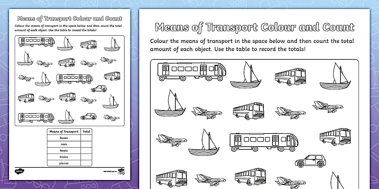 Means of Transport Colour and Count Worksheet - Twinkl