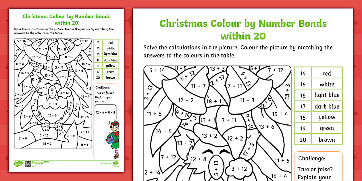 👉 Colour by Number Bonds Within 20 Christmas Worksheet