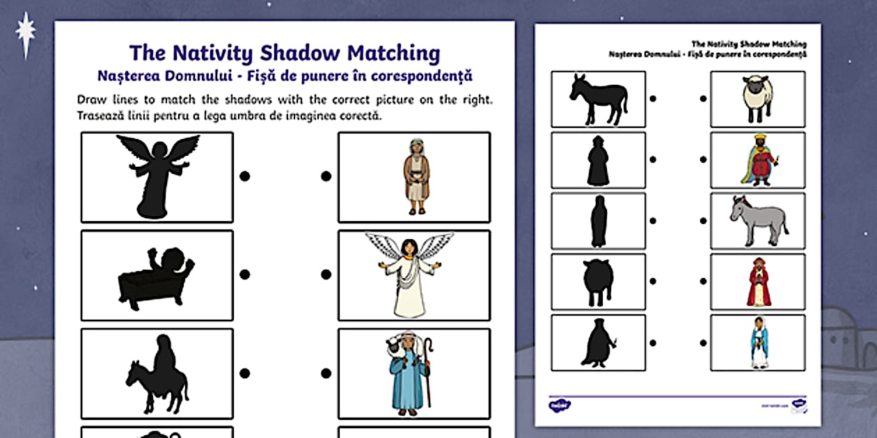 Black and White Nativity Shadow Matching Worksheet Romanian Translation