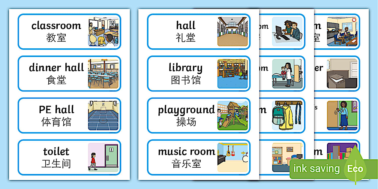 Places Around the School Labels - English/Mandarin Chinese