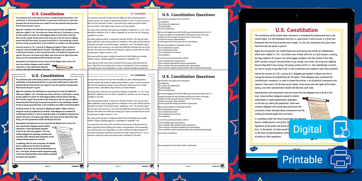Fifth Grade U.S. Constitution Reading Comprehension - Twinkl