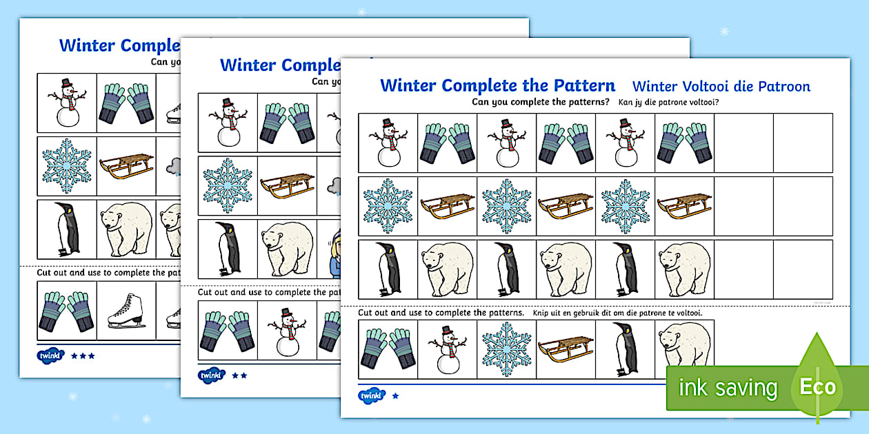 Winter Themed Complete the Pattern Activity English/Afrikaans