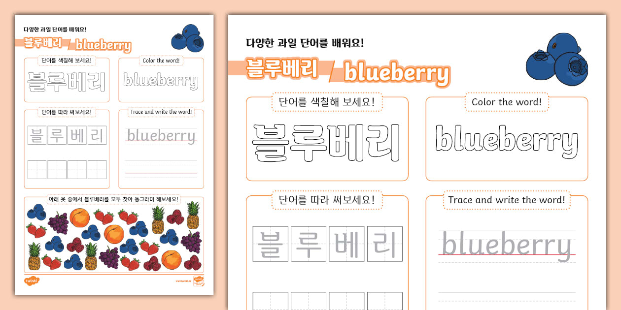 한글과 영어 동시에 완성하기 | 과일 | 블루베리 | Fruits Blueberry Tracing Activity (Korean