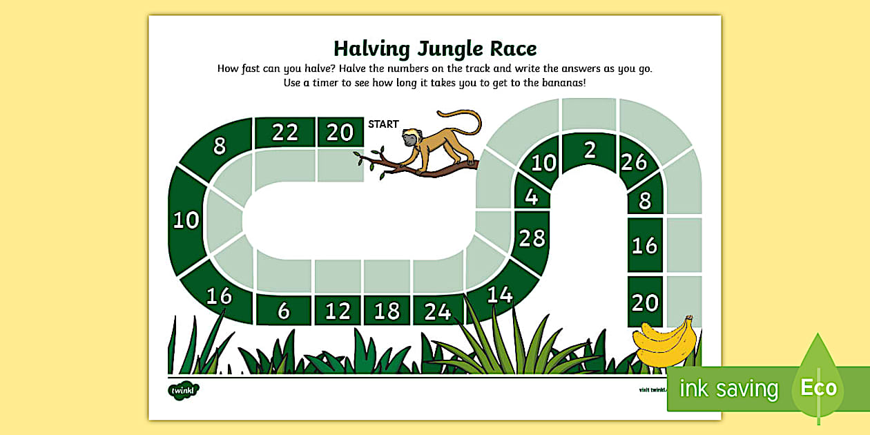 Black and White Halving Jungle Race Worksheet (teacher made)