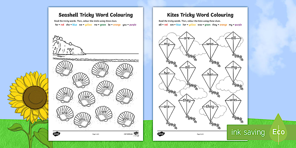 Phase 3 Tricky Words Summer-Themed Colouring Worksheets
