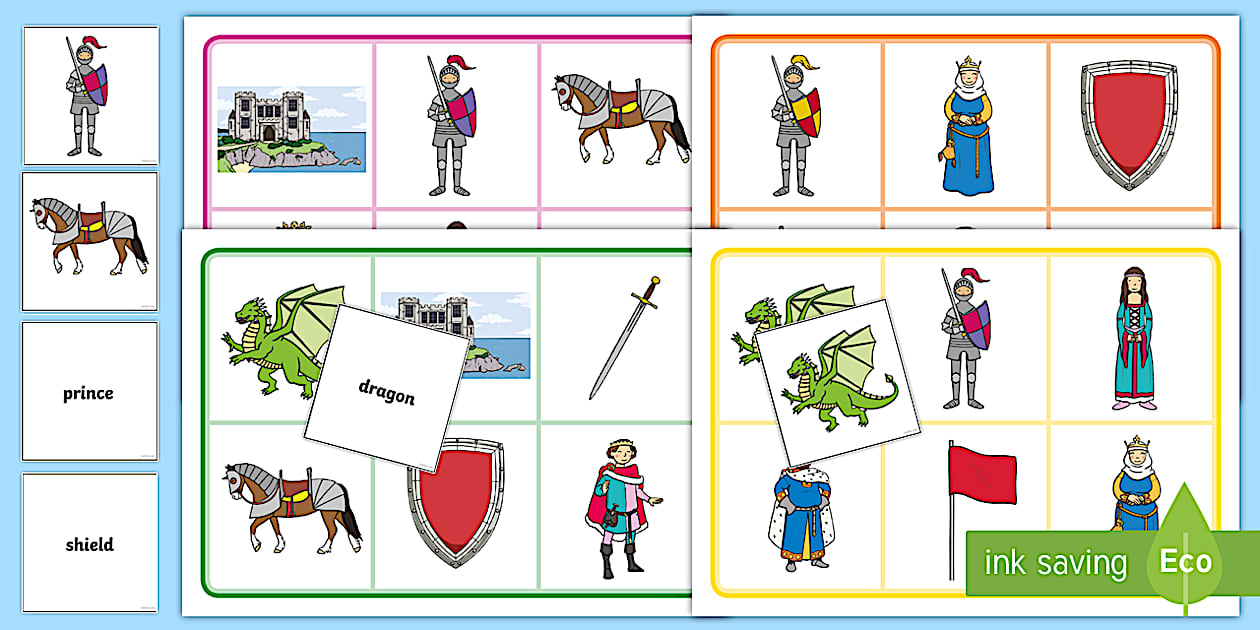 Editable Castles, Knights and Dragons Matching Cards and Board Game