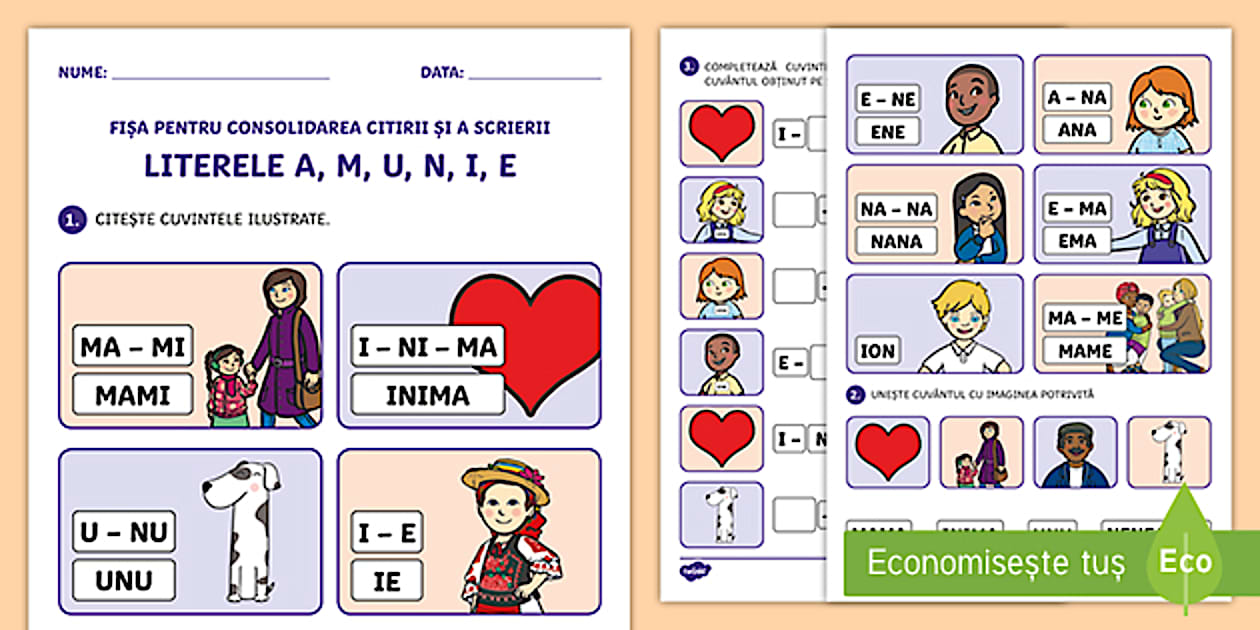Fișe de citire (literele: a, m, u, n, i, e) - Twinkl