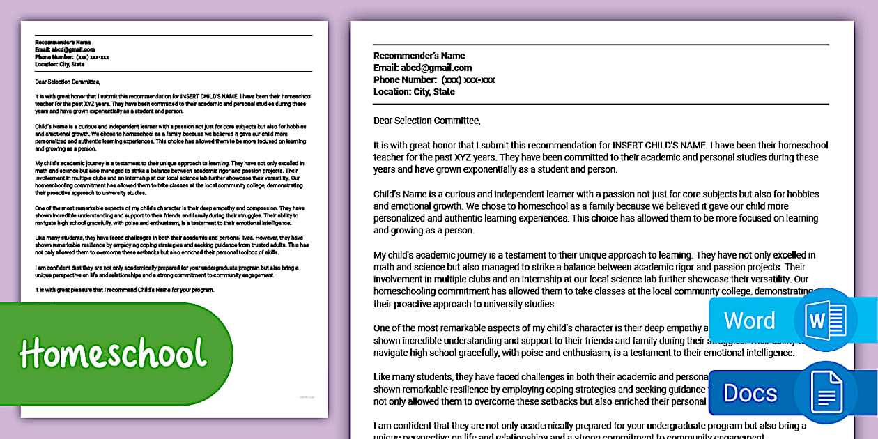 Homeschool Counselor Letter of Recommendation Sample | Twinkl