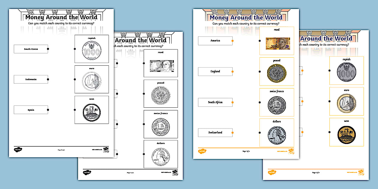 Money Around the World Matching Worksheet - Twinkl