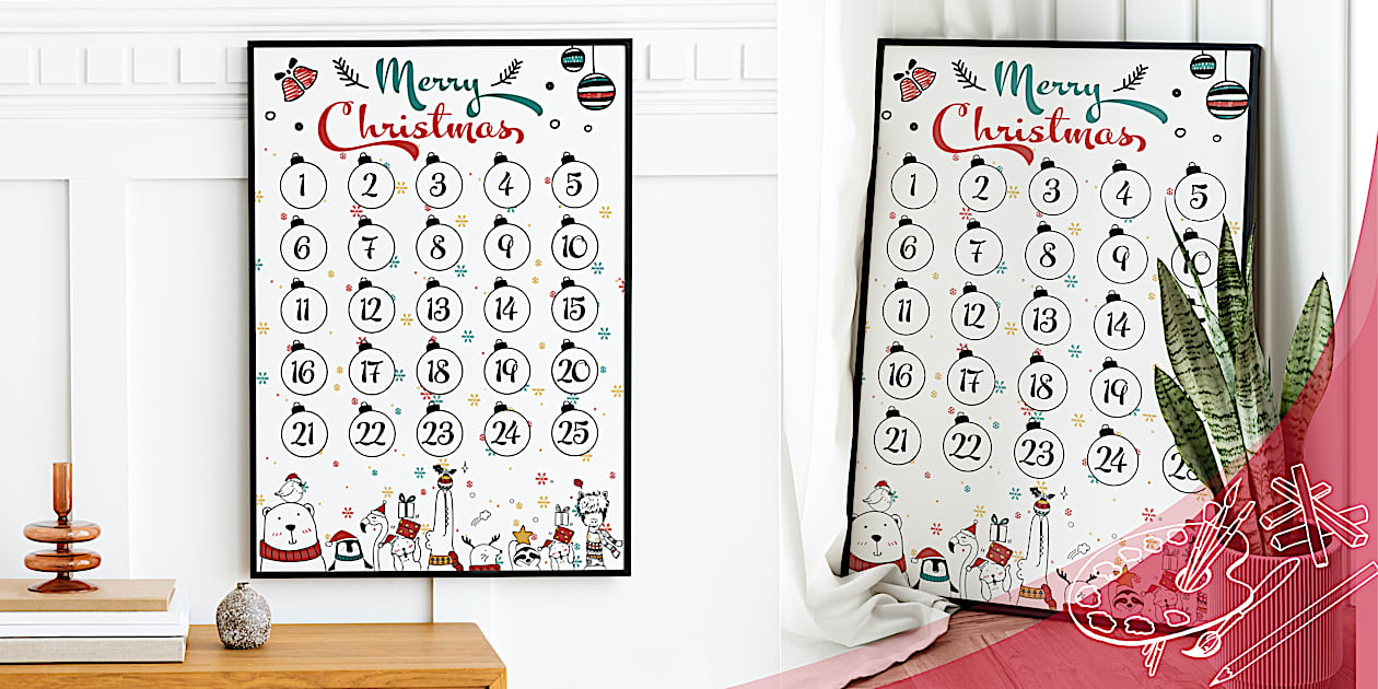 25 Days of Christmas Cute Animals Colouring Calendar Poster