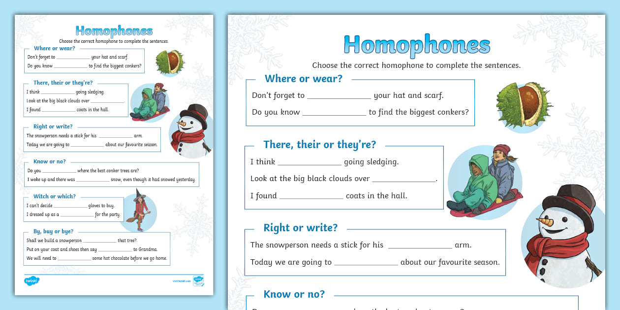 Winter-Themed Homophones Worksheet - Twinkl - KS2 - Twinkl