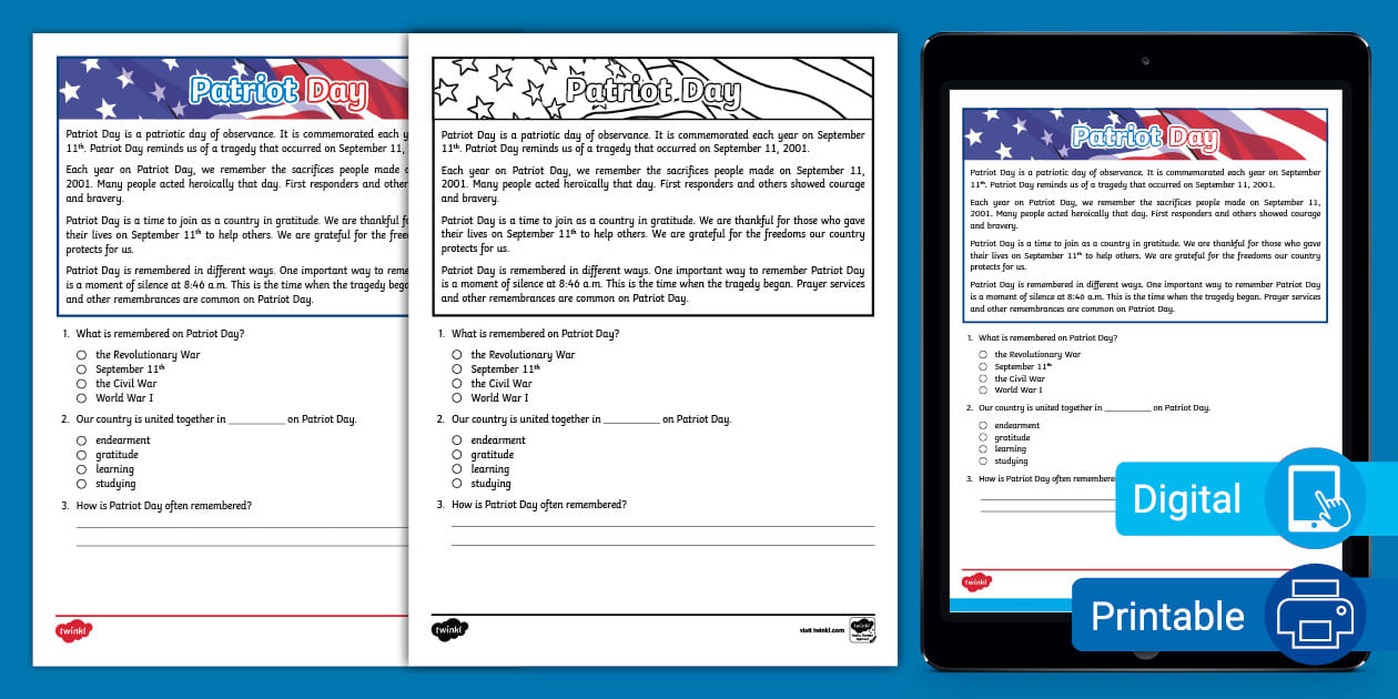 Third Grade Patriot Day Reading Passage Comprehension
