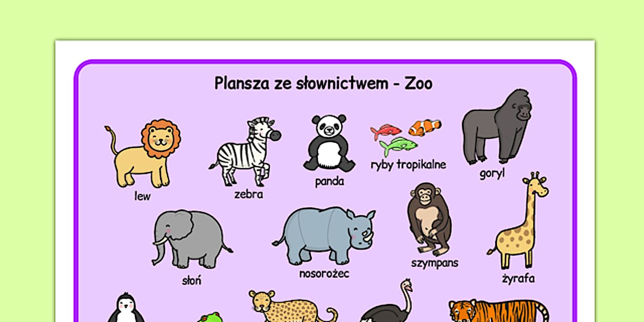 Plansza ze słownictwem Zoo po polsku (teacher made)