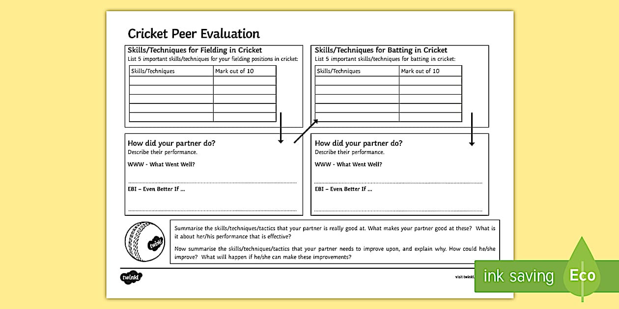 Cricket Peer Evaluation Worksheet / Worksheet - Twinkl