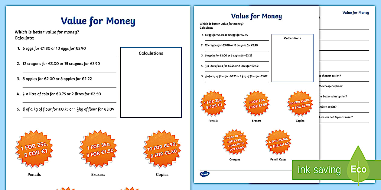 Value for Money Worksheet - Twinkl