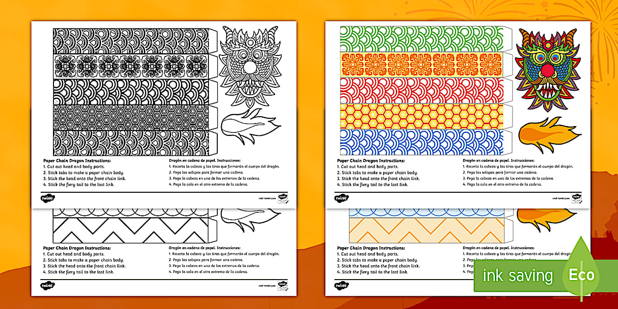 Black and White Chinese New Year Paper Chain Craft Dragon English/Spanish