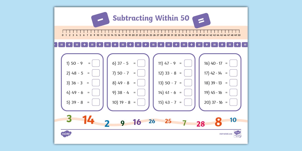 👉 Subtraction Within 50 Worksheet (teacher made) - Twinkl