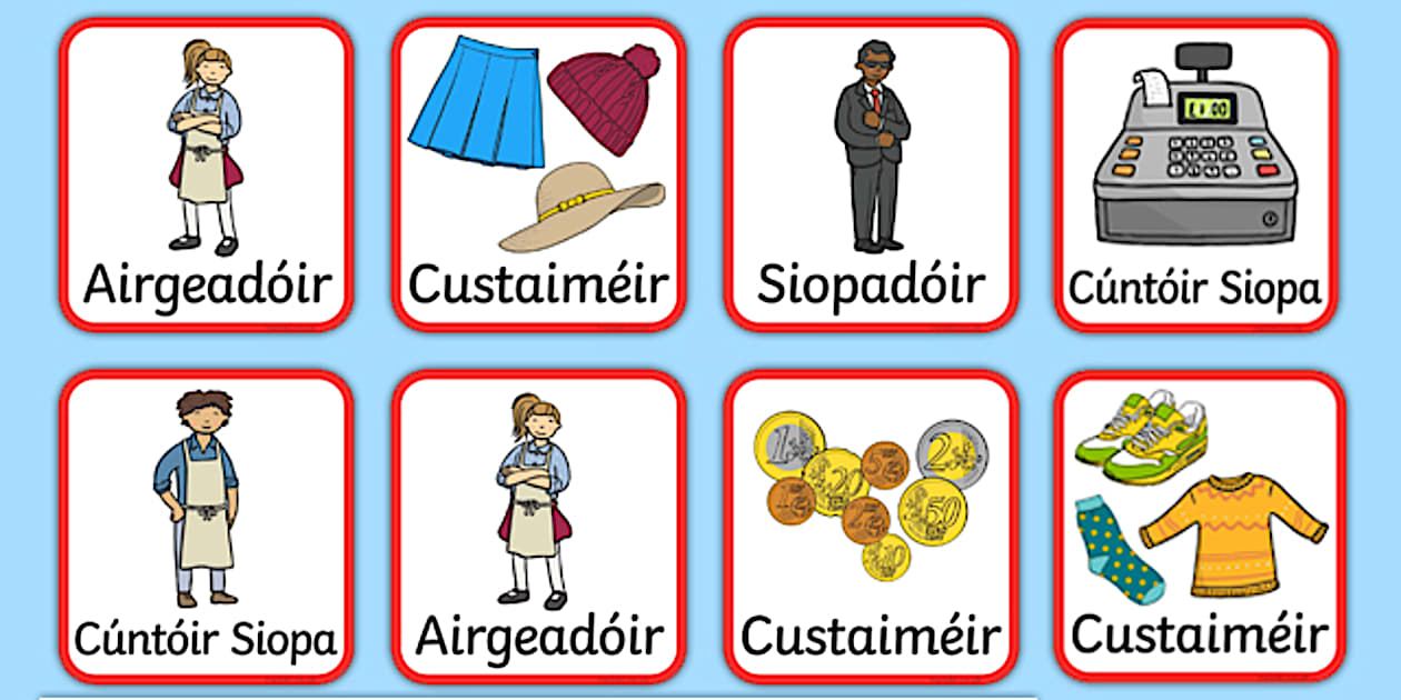 The Clothes Shop Role Play Badges Gaeilge - Twinkl