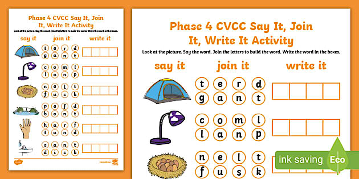 Phase 4 CVCC Words Say It, Join It, Write It Activity
